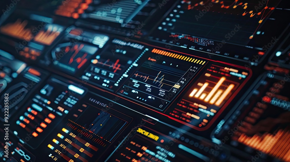 Futuristic data dashboard displaying graphs, metrics, and statistics for analytics in a digital ...