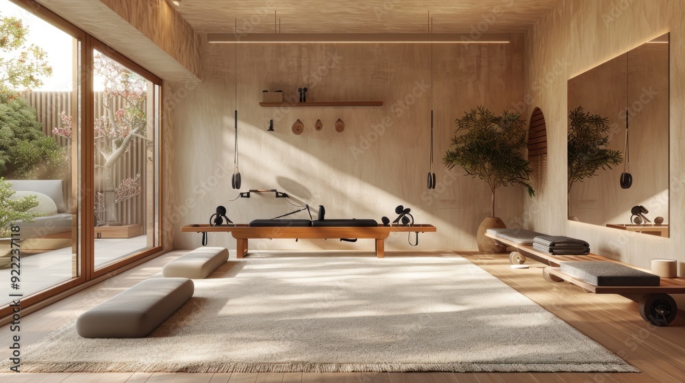 Minimalist exercise room with Pilates reformer, wall-mounted storage ...