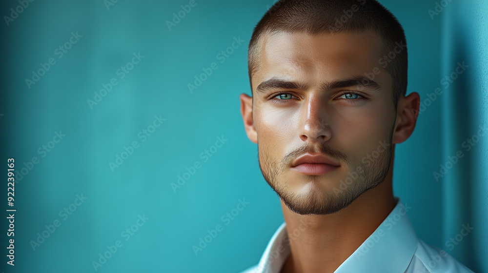 A striking male model with a buzz cut and stubble, wearing a minimalist ...