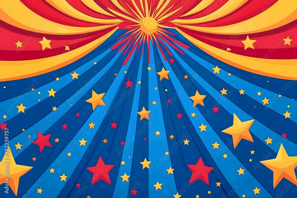 Red and blue background with yellow stars circus tent pattern in the ...