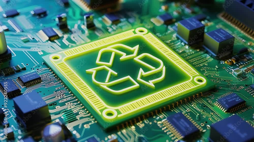 Zoomed-In Image of a Circuit Board with a Central Green Recycling Icon ...