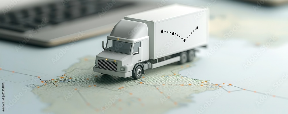 ภาพประกอบสต็อก Pixelated delivery truck on a map with dotted tracking ...