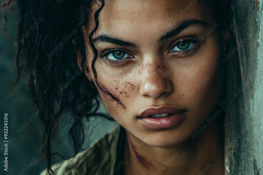 A woman with striking eyes and visible scars stares intensely ...