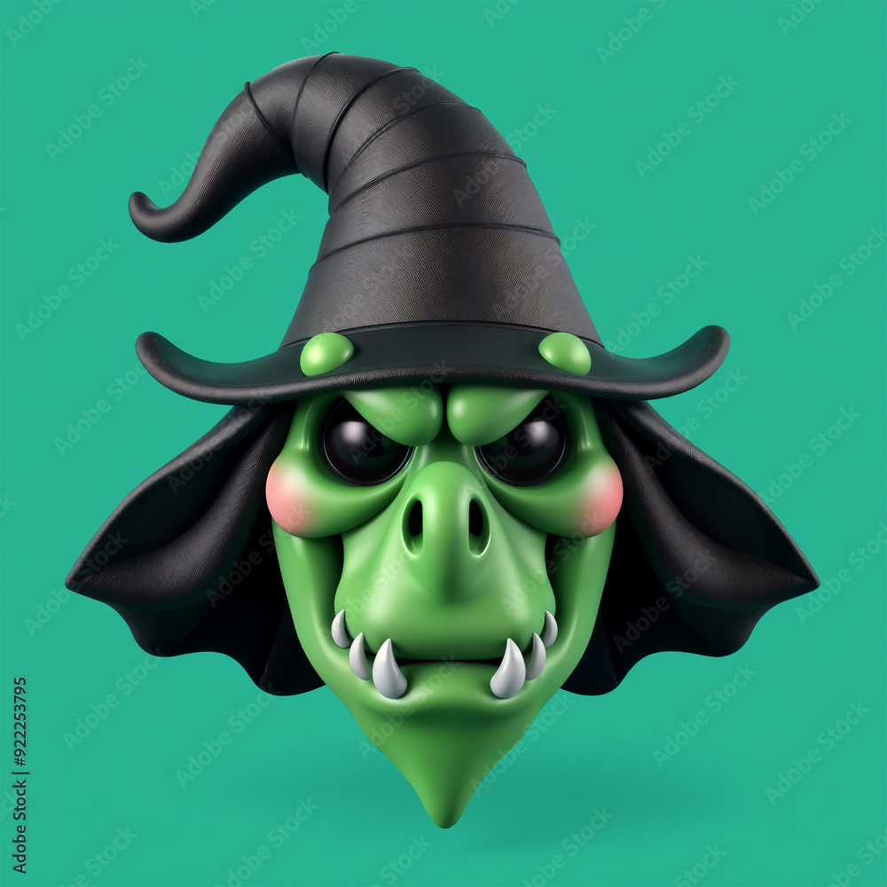 Cartoon green witch face with pointed hat. Spooky Halloween emoji on ...