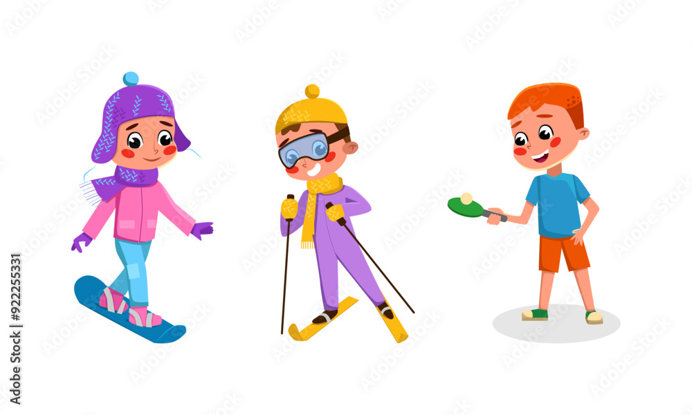 Cute kids doing sports set. Girl and boy skiing, snowboarding and ...