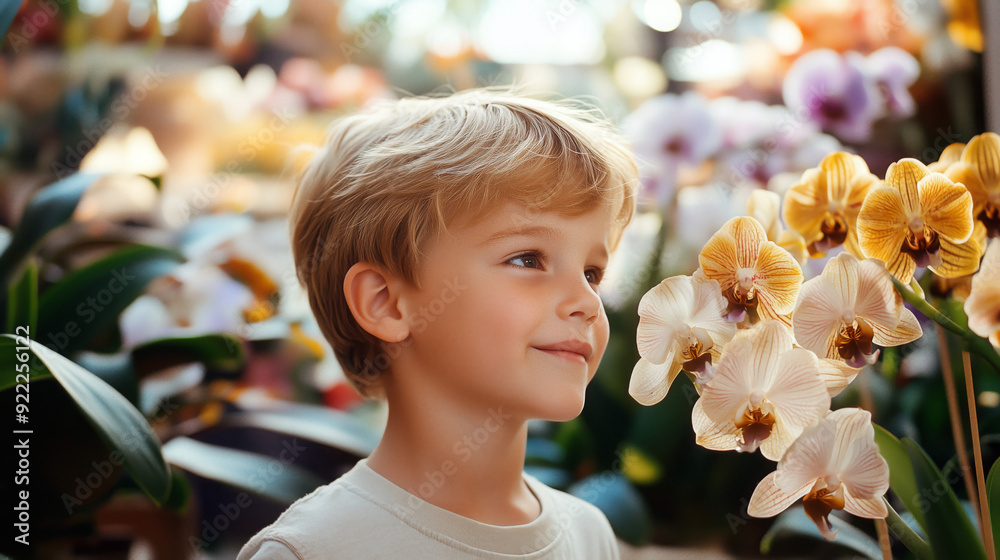 child and orchid, kid with orchid plant, orchid child, youth tending to ...