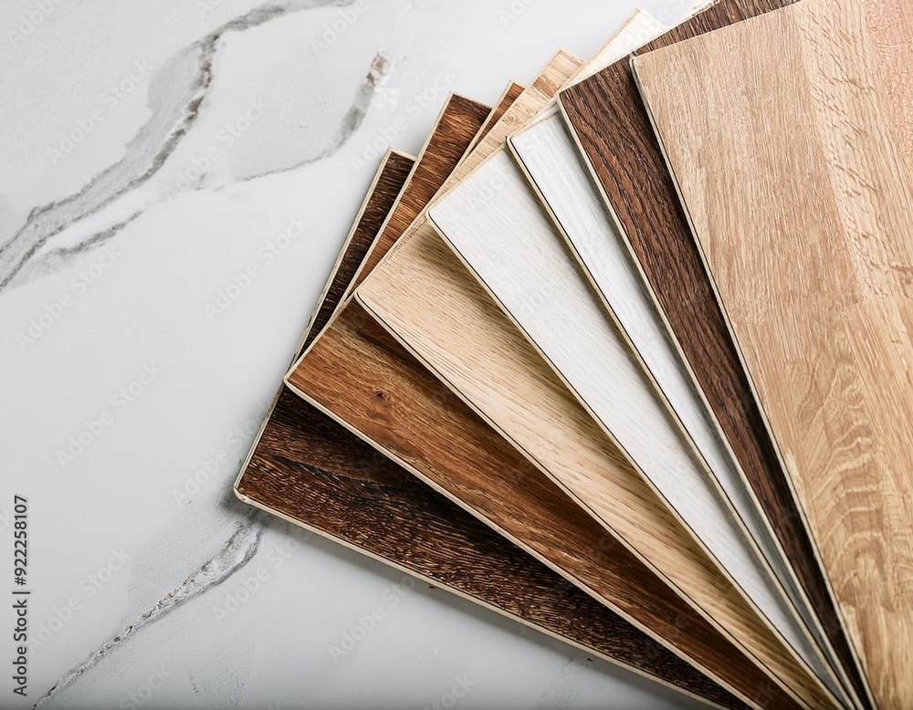 Sample stack of luxury vinyl floor tiles on white marble floor for ...