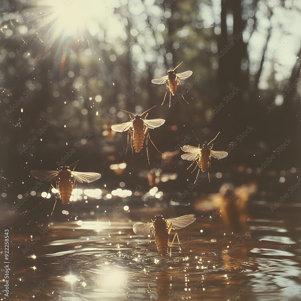 Mosquitoes and Water: Mosquitoes hovering over a stagnant water source ...