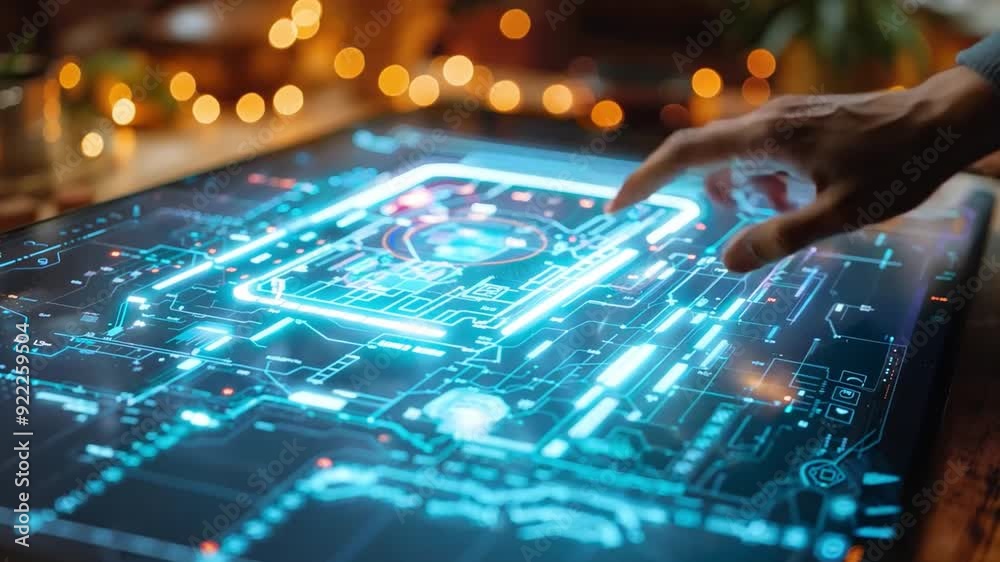 A hand is interacting with a glowing touchscreen displaying advanced ...