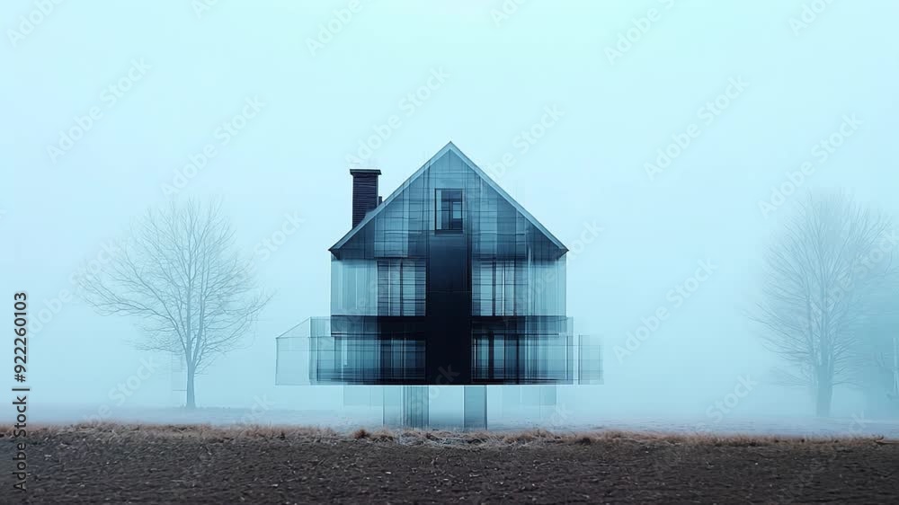 Transparent house stands solitary in misty field. Layered opacity ...