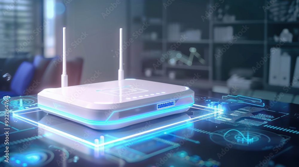 White digital router with glowing blue lights on office table providing ...