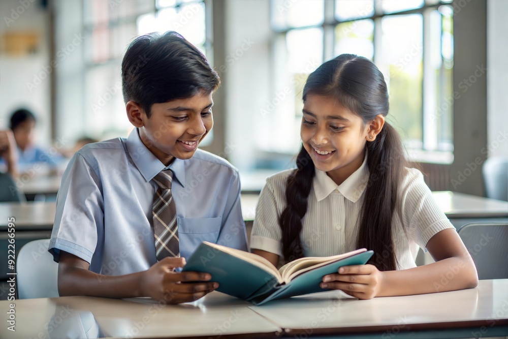 "Indian Boy and Girl Sharing a Book in Class" - Two Indian students, a ...