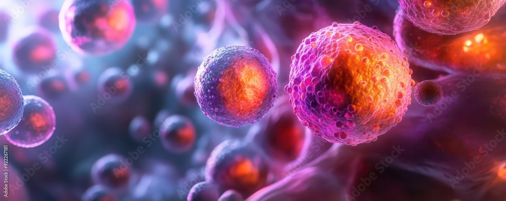 Detailed 3D illustration of mutated cells in tissue under a microscope ...