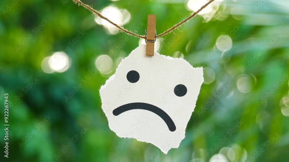 Sad face sign symbol on torn paper clipped and swinging on a rope with ...