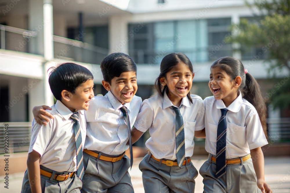 Poster "Enfants indiens en uniforme jouant devant l'école" - Un groupe d'enfants indiens en ...