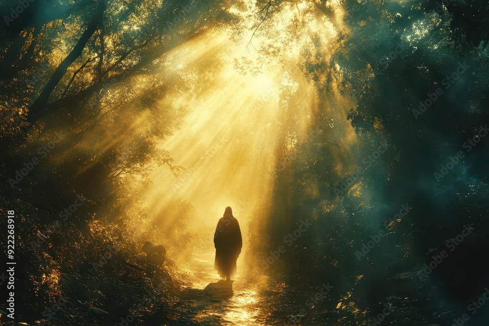 ethereal forest path dappled sunlight filters through misty air ghostly ...