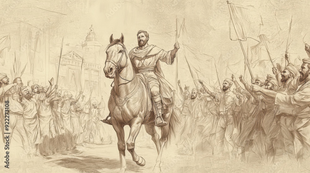 Biblical Illustration: David, riding a majestic horse, leads a ...