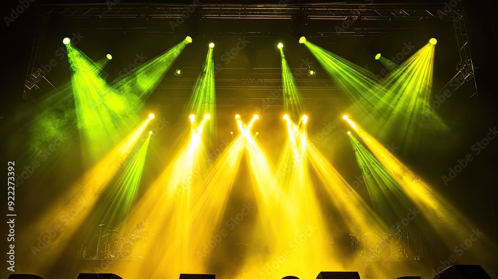 Concert stage with vibrant yellow and green lights, enhancing a reggae ...