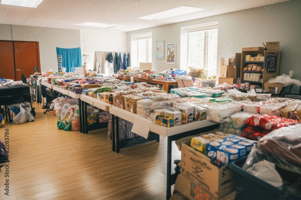 charity drive setup with tables full of donated items such as clothes ...