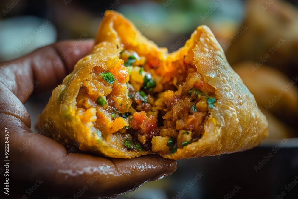 samosa being broken open to reveal its spicy filling, with a focus on ...