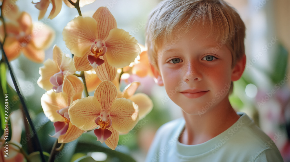 child and orchid, kid with orchid plant, orchid child, youth tending to ...