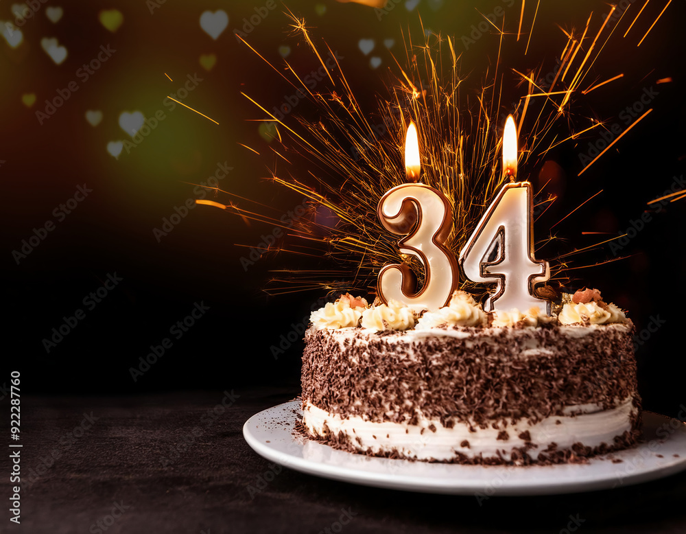 Birthday cake with 34 years birthday candle on dark background with ...