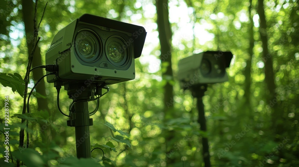 Thermal imaging cameras set up in a dense, green forest, capturing ...