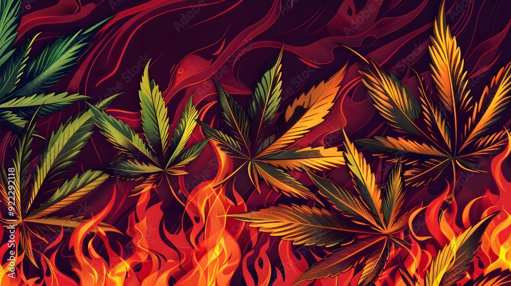 Marijuana leaves on a fire background, close up top view on cannabis ...