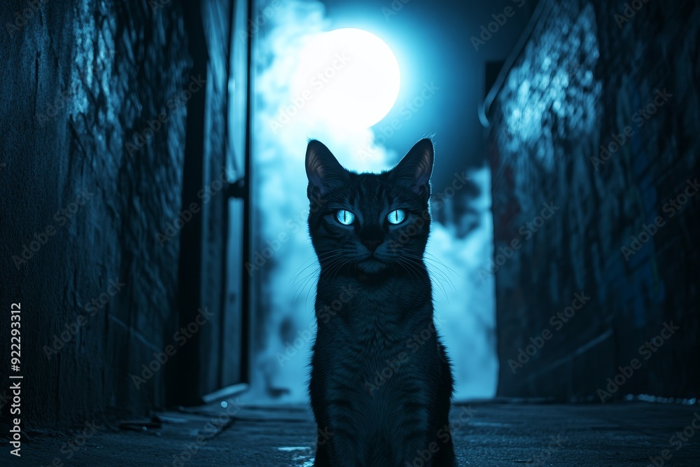 Shadowy urban alleyway illuminated by a full moon, a cat like humanoid ...