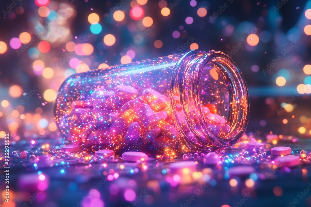 Glass jar tipped over spilling a shimmering mix of colorful particles ...
