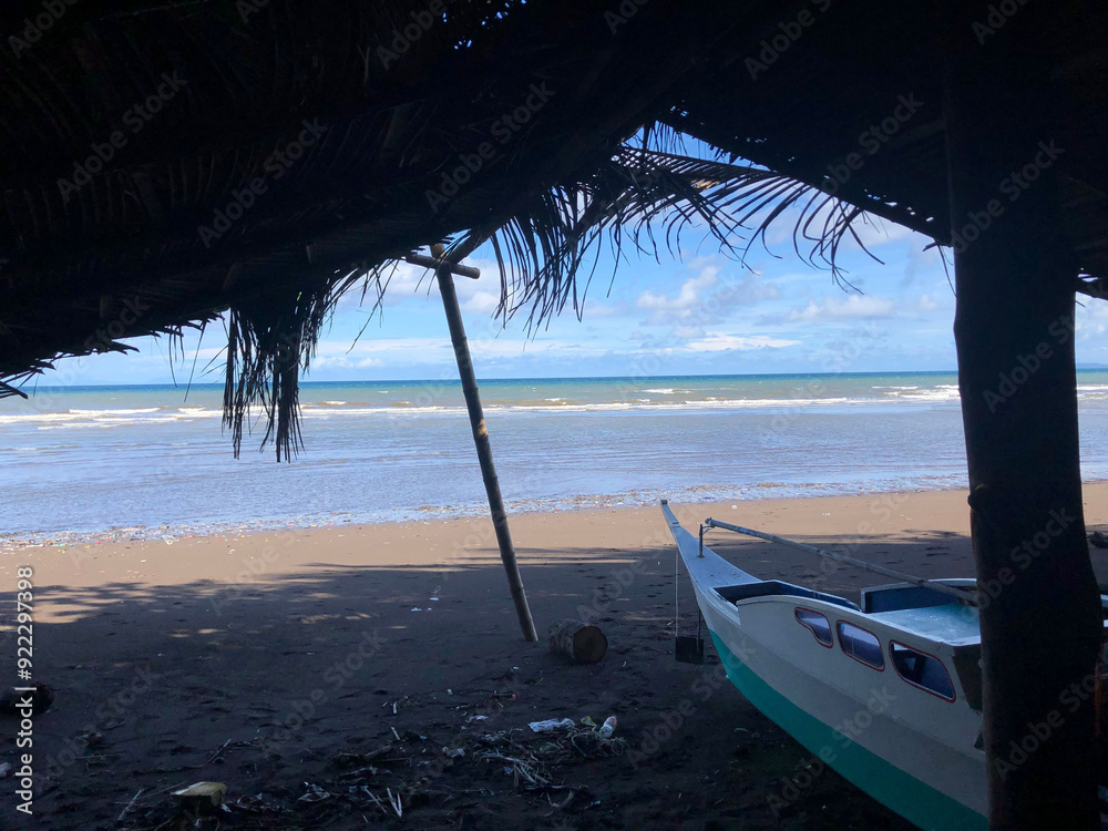 Beautiful view of the sea through the bamboo hut's portal. Stock Photo ...