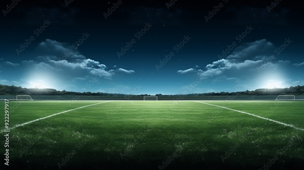 Football field under stadium lights: illuminated soccer pitch at night ...