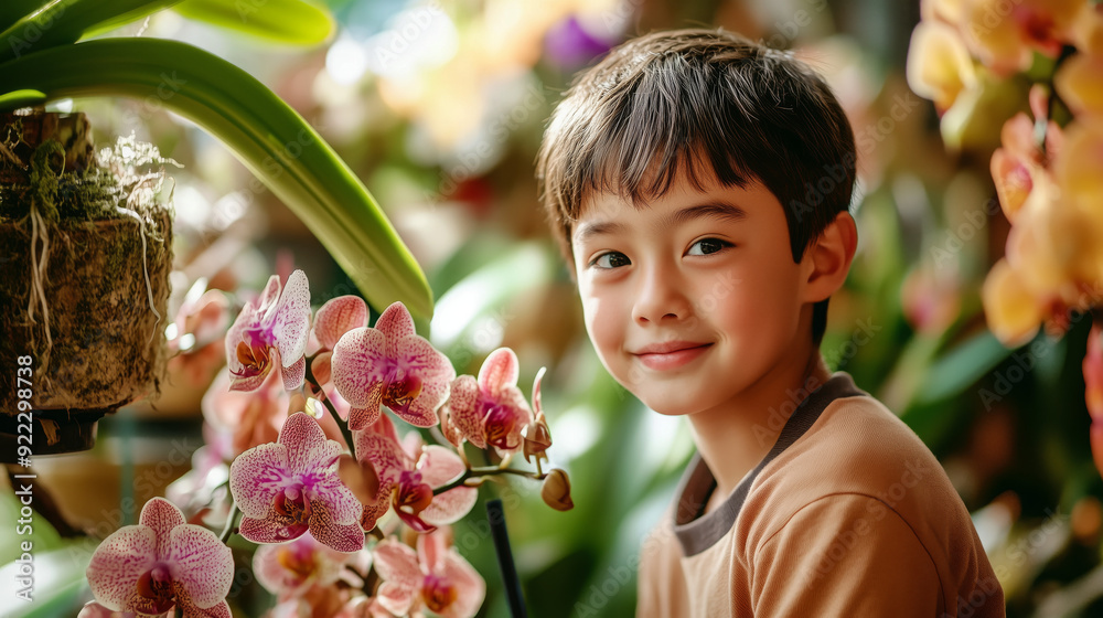 child and orchid, kid with orchid plant, orchid child, youth tending to ...