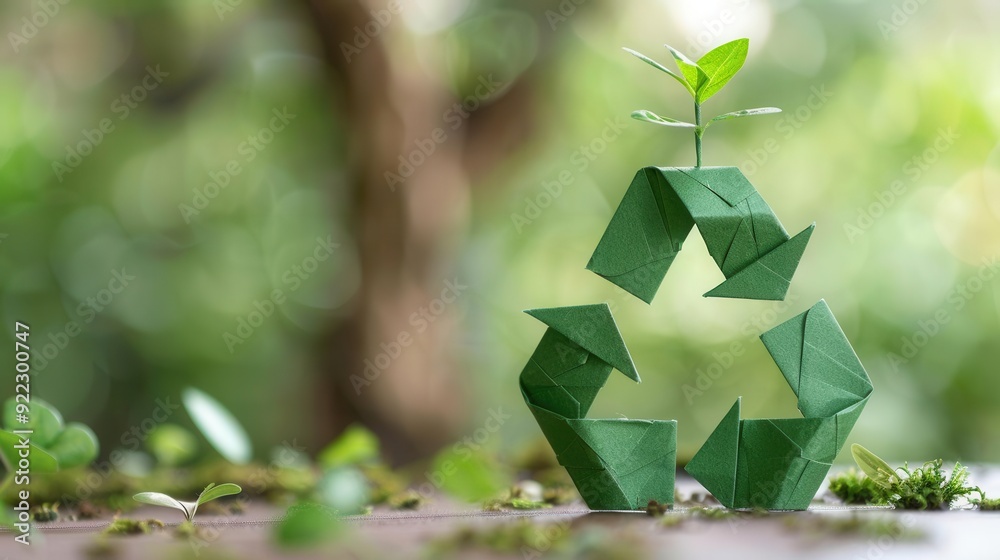 Eco-friendly symbol of recycling made from green origami paper with a ...