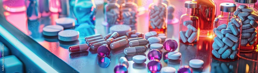 Colorful capsules and pills displayed with glass vials on a reflective ...