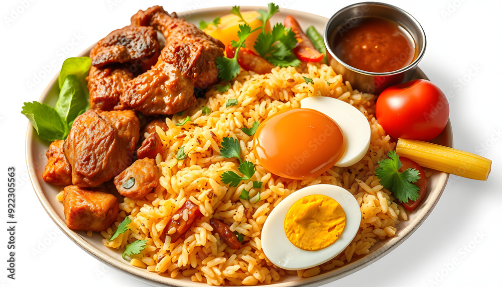 West African entree of Jollof rice, chicken, boiled egg, vegetables ...