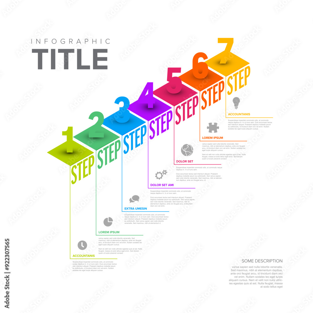 Seven isometry steps with big numbers rescription and icons ...
