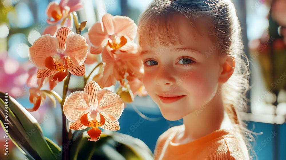child and orchid, kid with orchid plant, orchid child, youth tending to ...