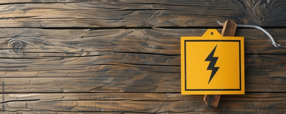 Yellow warning sign with lightning bolt on wooden wall, symbolizing ...