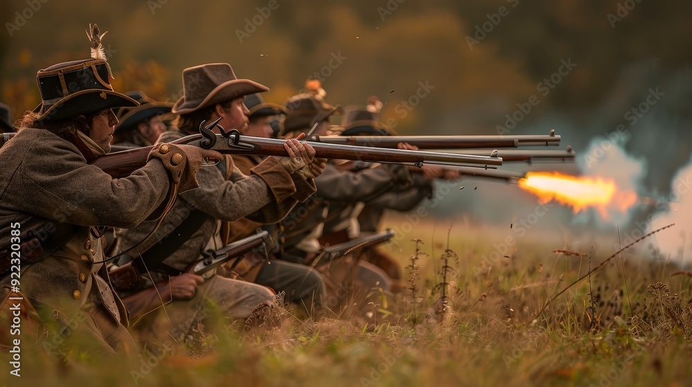 Revolutionary War Reenactment: Soldiers in Period Uniforms with Muskets ...