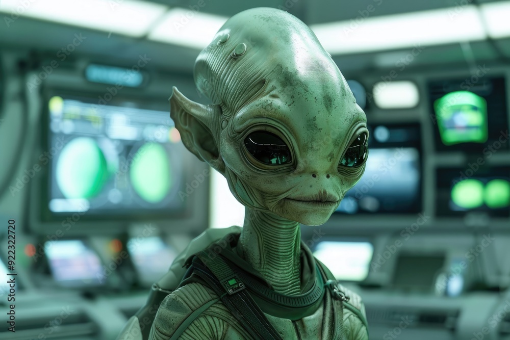 A young alien explorer with large, curious eyes and greenish skin ...