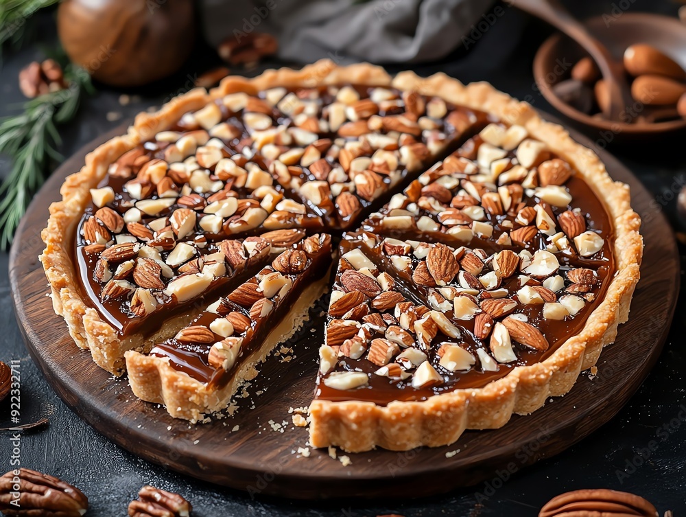 Overhead view of a toffee tart cut into slices, each piece garnished ...