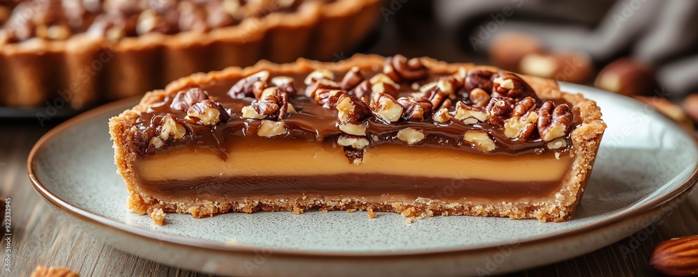 Foto de Slice of toffee tart revealing layers of caramel and a crunchy ...