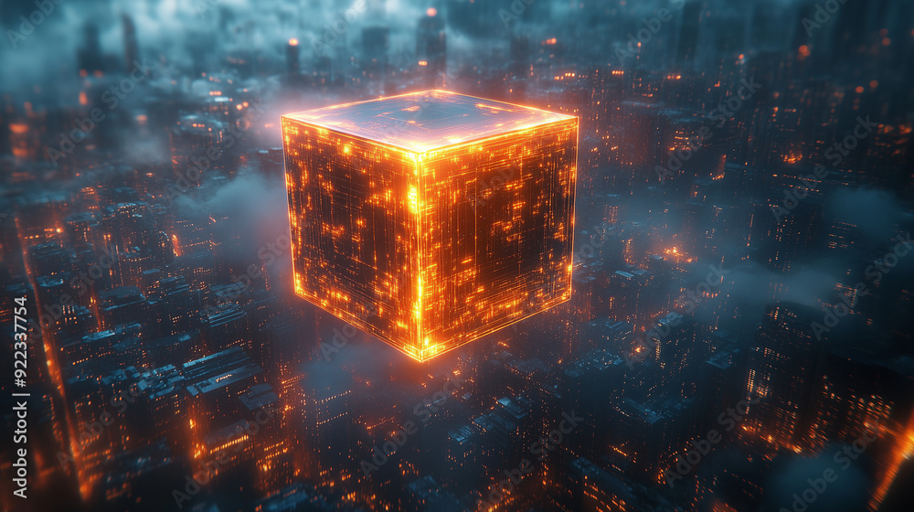 The Cube's Reign: A cyberpunk cityscape bathed in fiery hues, dwarfed ...