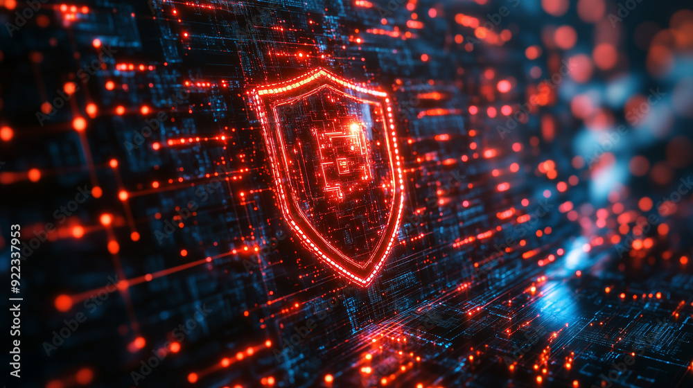 Digital Shield: A glowing red shield emblem on a futuristic, digital ...