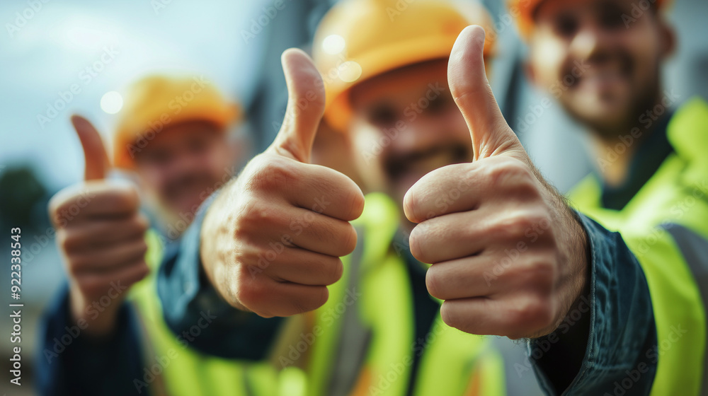 person with thumbs up, A group of workers giving a thumbs-up gesture ...