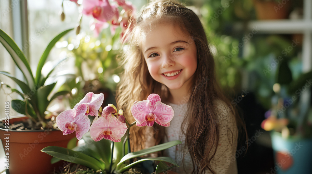 child and orchid, kid with orchid plant, orchid child, youth tending to ...
