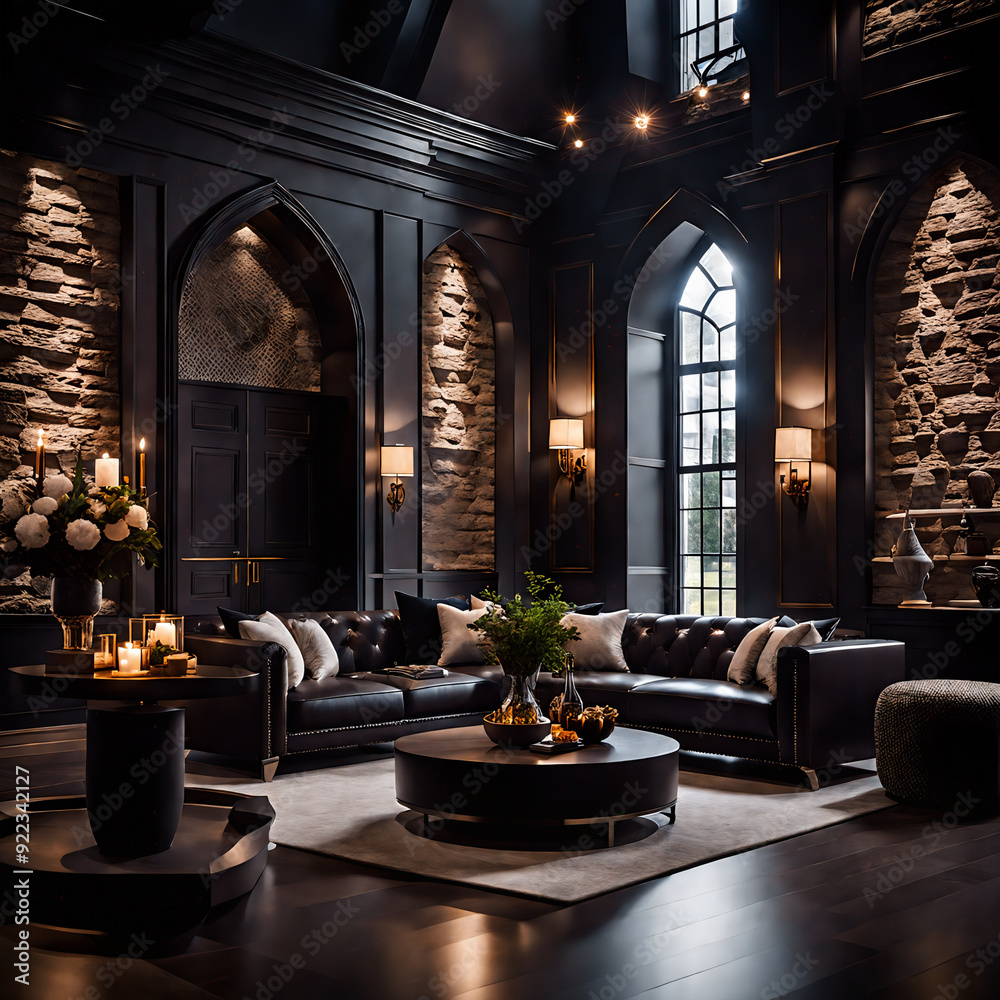 Luxurious Victorian Gothic living area with in theme windows and ...
