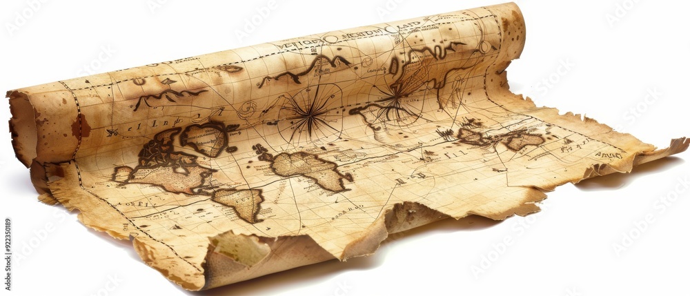 Vintage pirate treasure map rolled up on a pristine white background ...