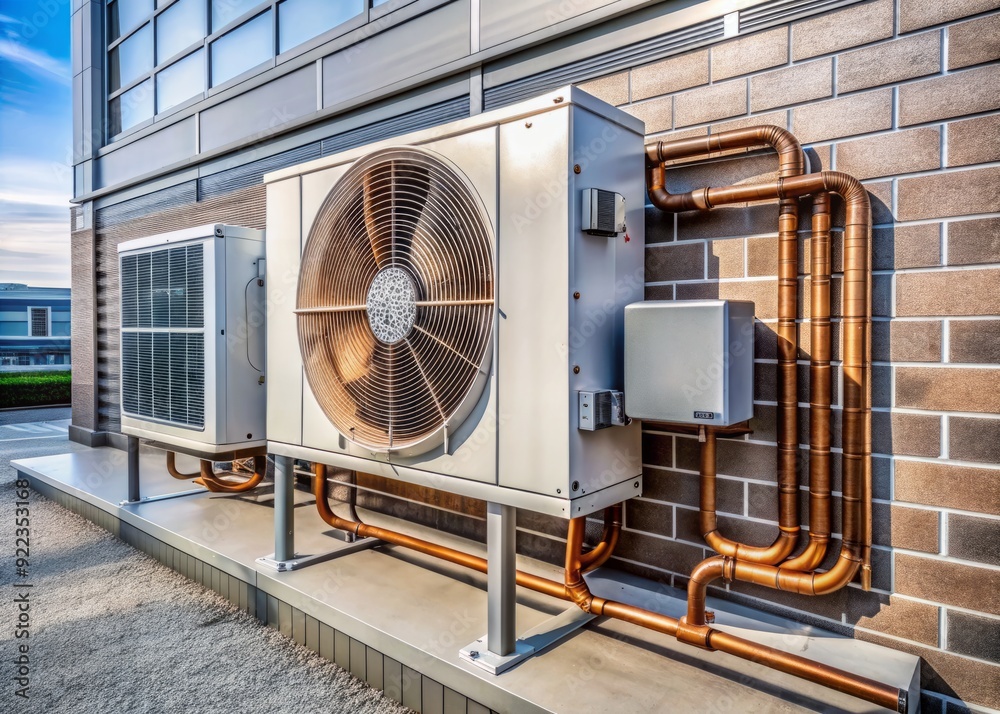 Modern outdoor air conditioning heat pump unit installed on the side of ...